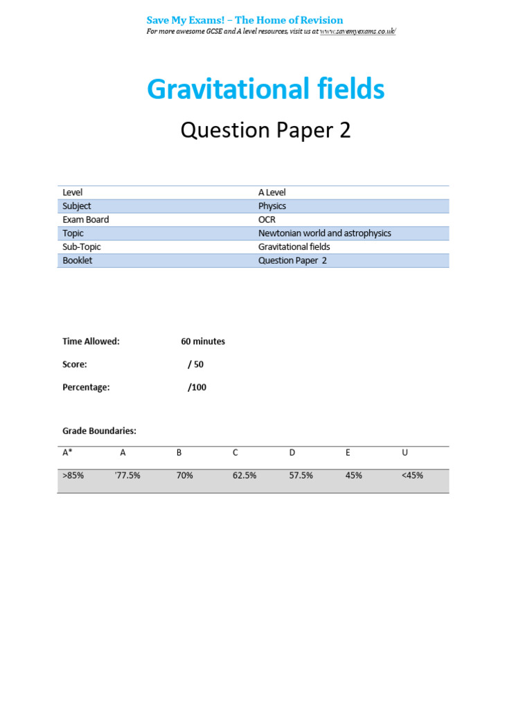 Gravitational Field Questions OCR A Level Physics | PDF | Educational Assessment And Evaluation ...