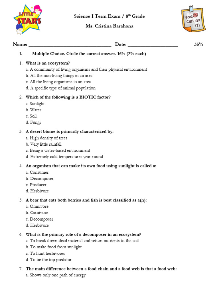 8th Grade Science Ecosystem Exam | PDF | Ecosystem | Foods