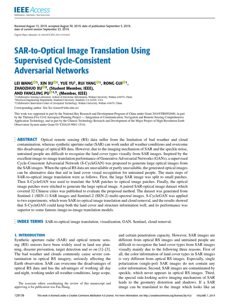 SAR-To-Optical Image Translation Using Supervised Cycle-Consistent Adversarial Networks | PDF ...