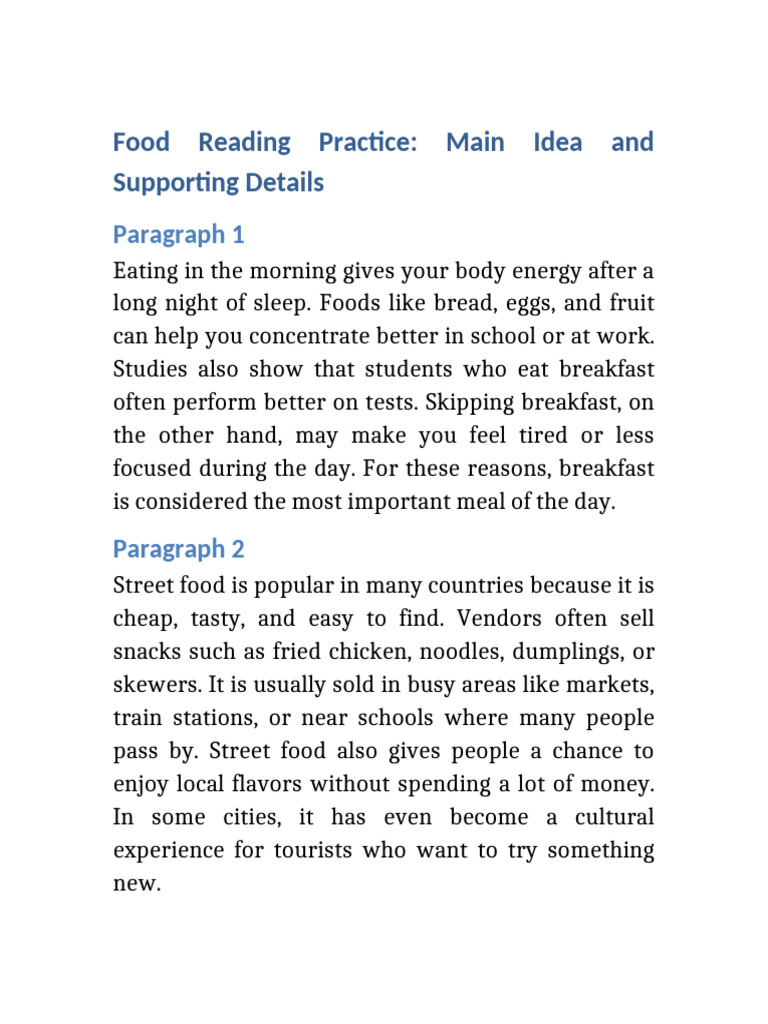 Food Main Idea Paragraphs | PDF