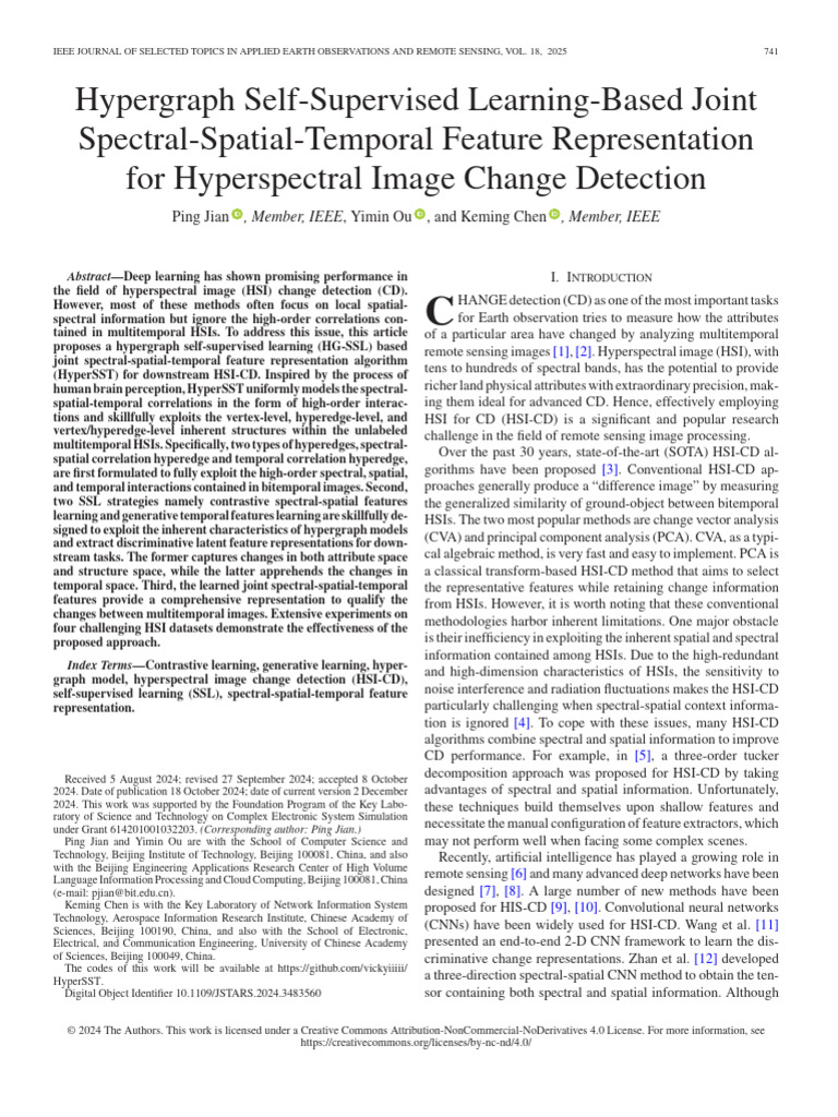 Hypergraph Self-Supervised Learning-Based Joint Spectral-Spatial-Temporal Feature Representation ...