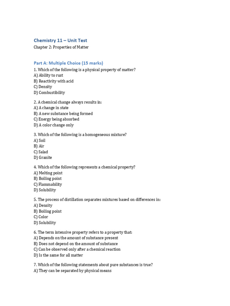 Chemistry11 UnitTest Chapter2 | PDF | Chemical Substances | Mixture