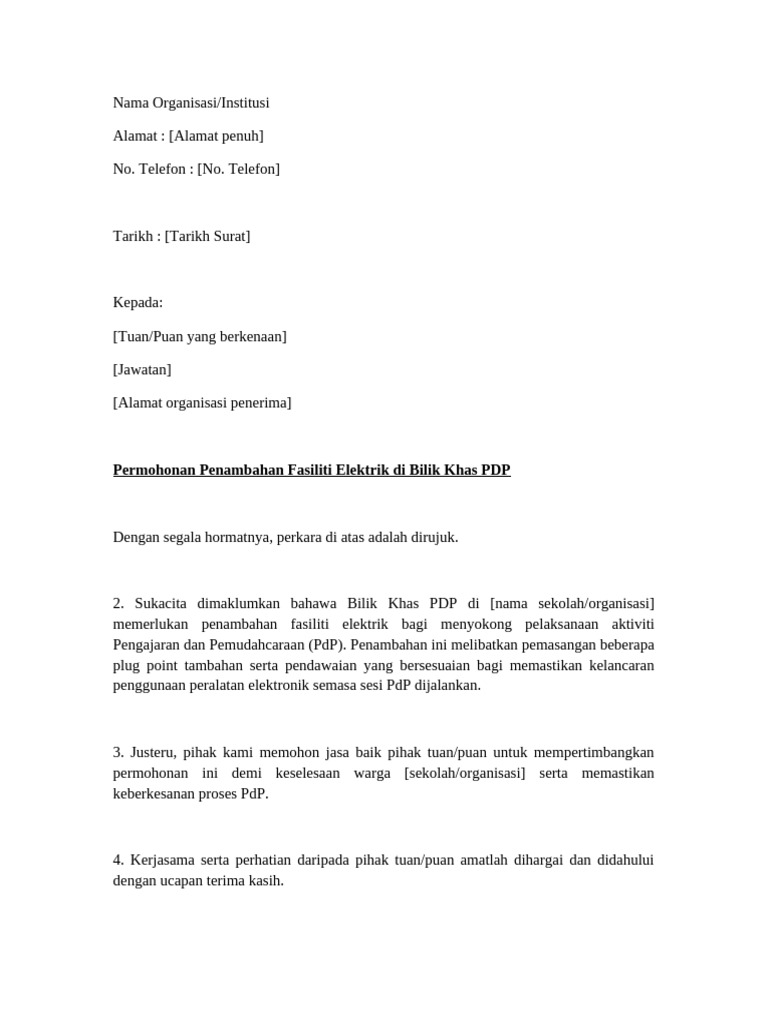 Surat Permohonan Fasiliti Elektrik | PDF