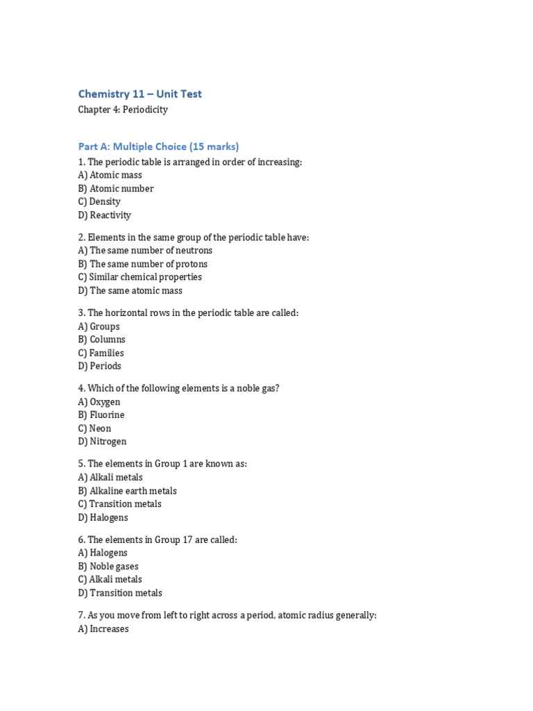 Chemistry11_UnitTest_Chapter4 | PDF | Periodic Table | Atomic Physics