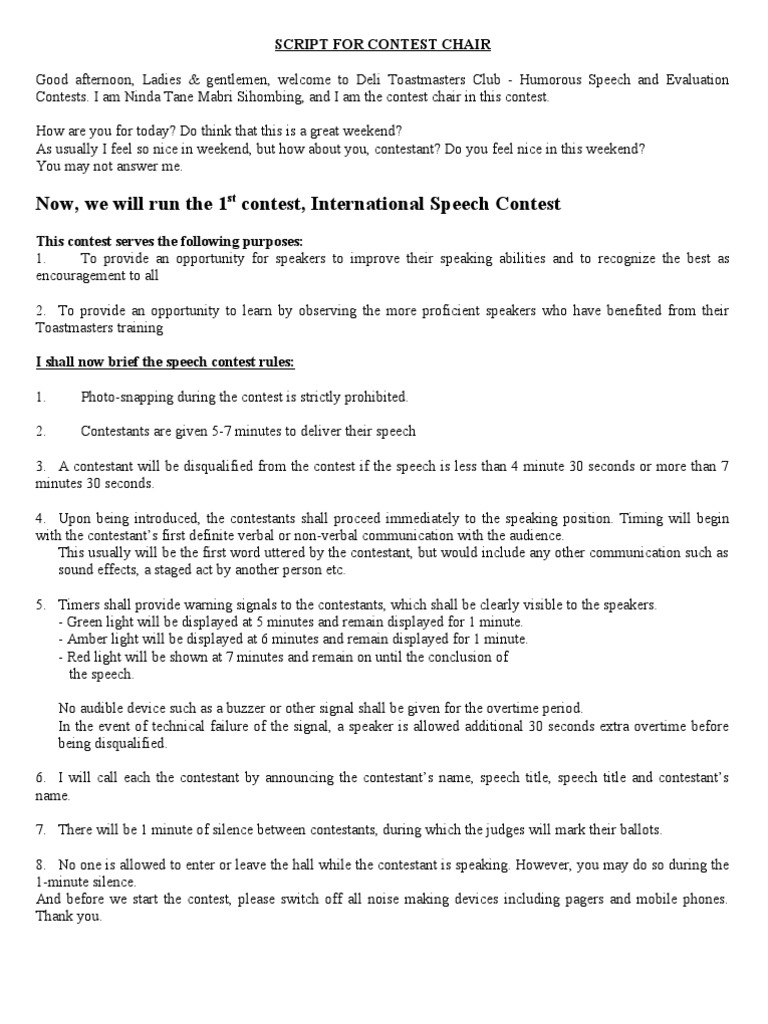 Script for Chairing the Humorous Speech and Evaluation Contests at the ...