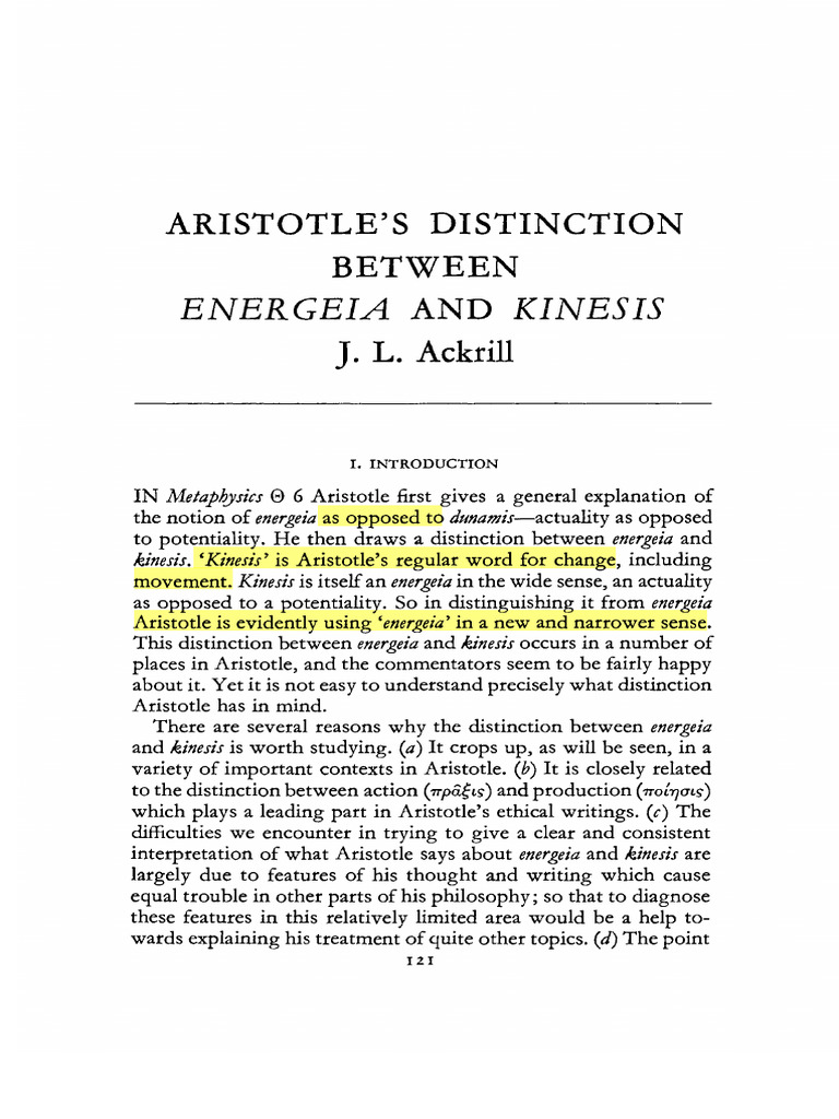 Aristotle: Energeia vs. Kinesis Explained | PDF | Aristotle | Metaphysics