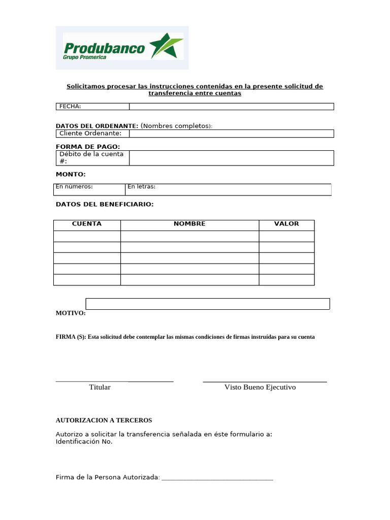 Formulario Transferencias Entre Cuentas Produbanco | PDF