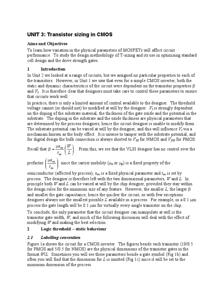UNIT 3: Transistor Sizing in CMOS: Aims and Objectives | PDF | Cmos ...