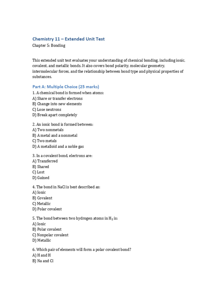 Chemistry11 ExtendedUnitTest Chapter5 | PDF | Chemical Bond | Chemical ...