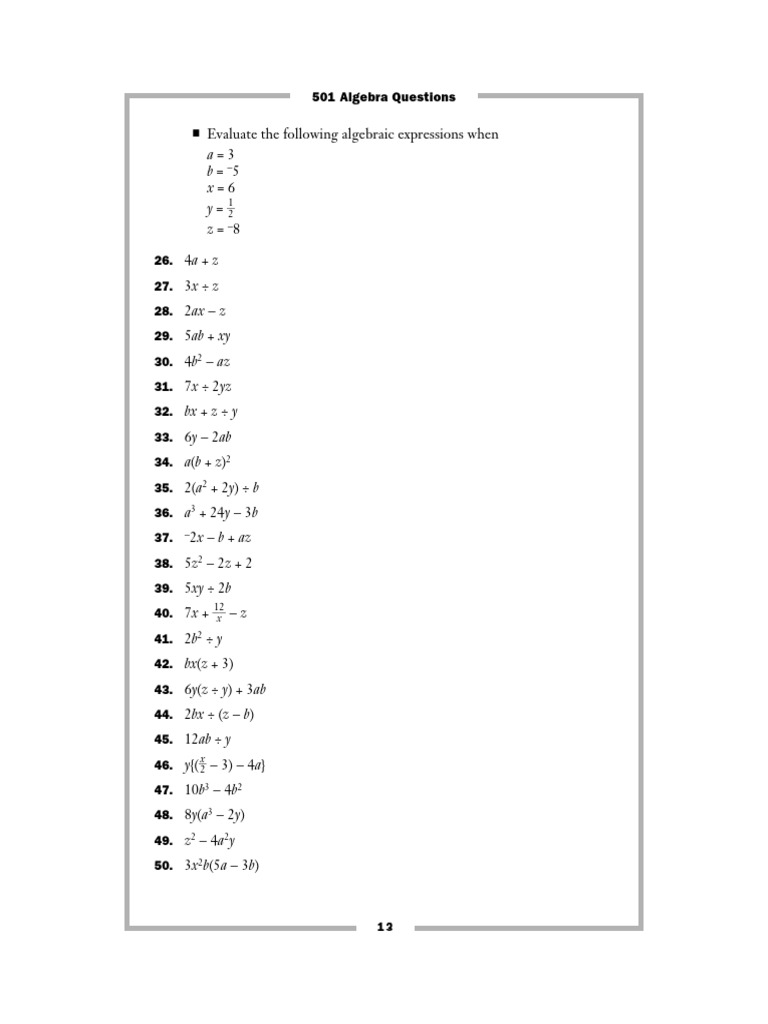 Algebra Expressions Evaluation Guide | PDF | Subtraction | Multiplication