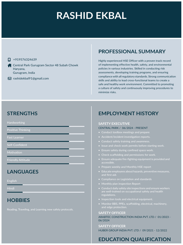 Rashid Ekbal HSE (Cv) (2) | PDF | Occupational Safety And Health | Safety