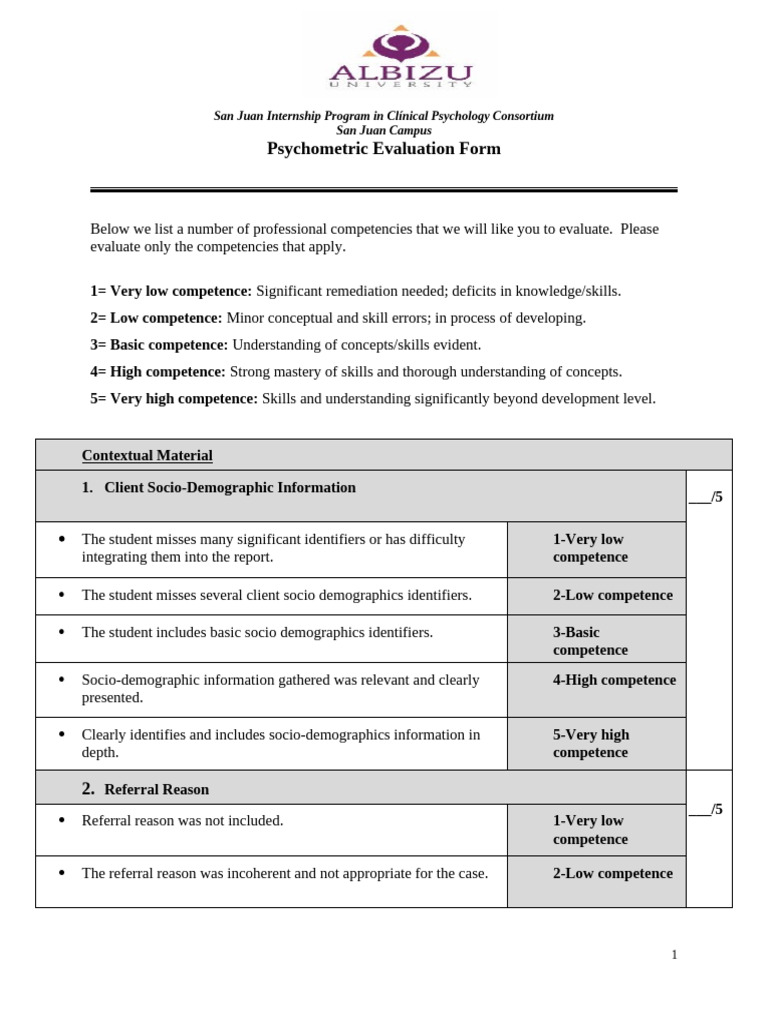 Psychometric Evaluation Form - Intern 2016-17 Word | PDF | Grammar ...