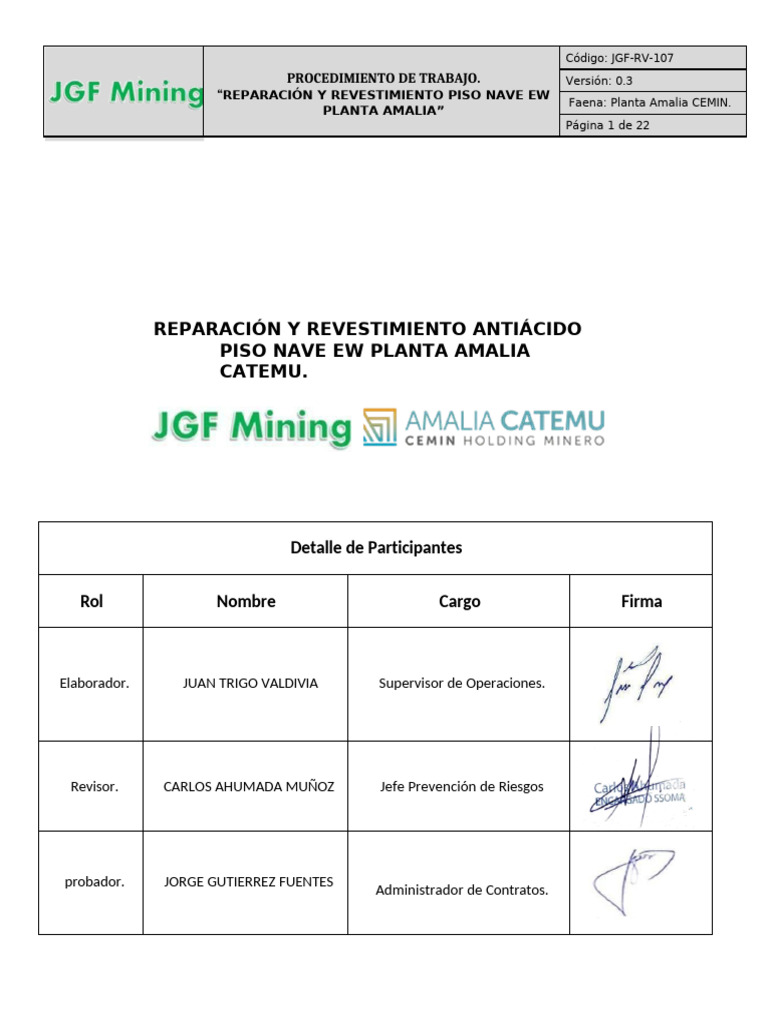 Procedimiento - Revestimiento - JGF Mining - Piso Nave EW - Planta ...