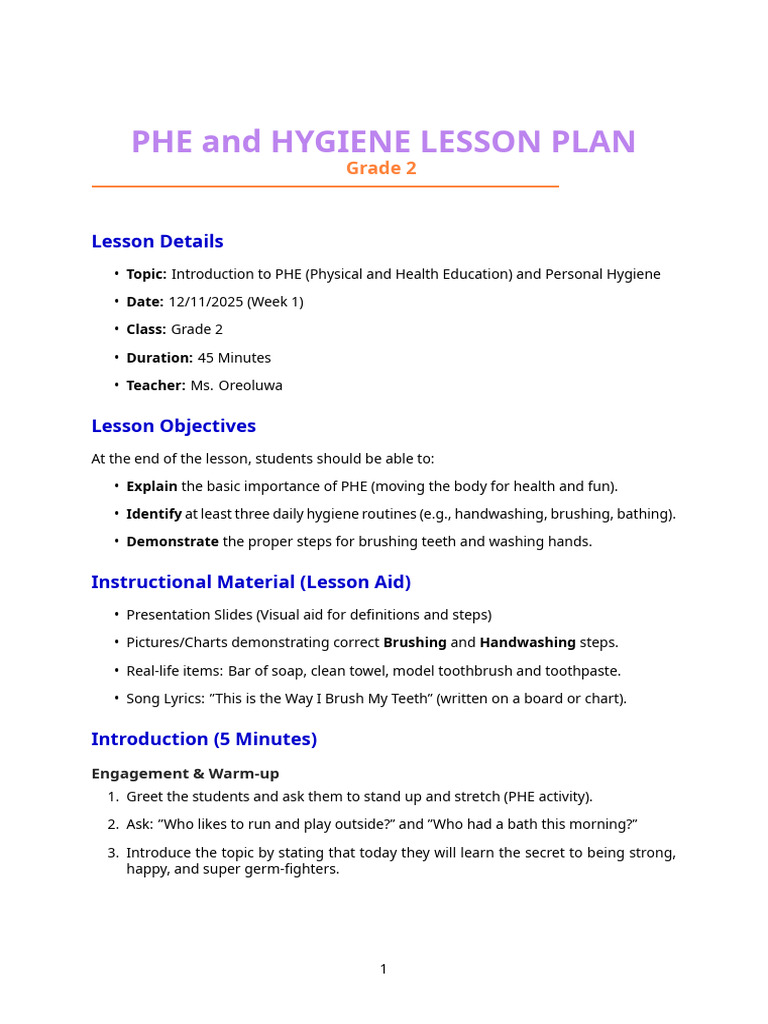 Grade 2 PHE and Hygiene Lesson Plan | PDF | Hand Washing | Hygiene