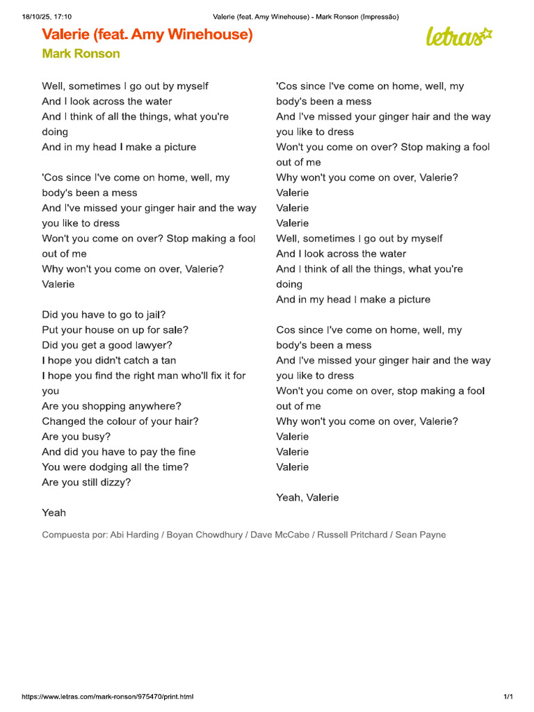 Valerie LYRICS | PDF