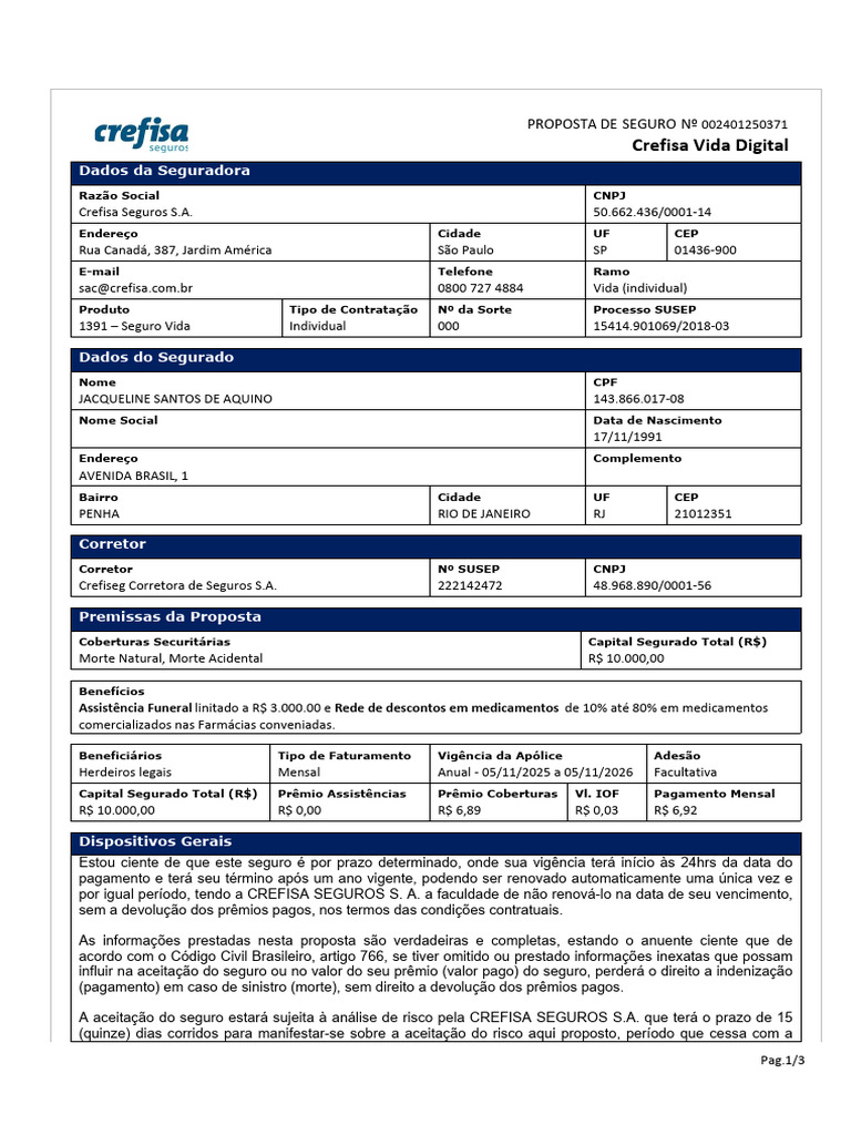 Proposta - Crefisa Seguros | PDF | Seguro | Garantia