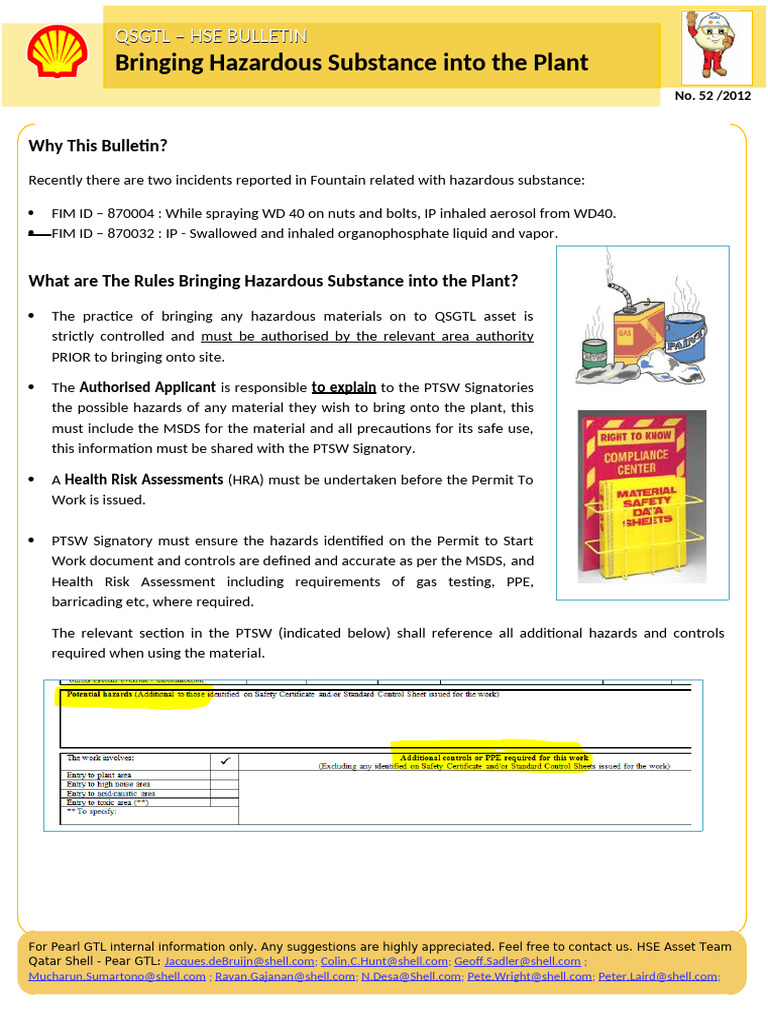 HSE Bulletin 52 - Bringing Hazardous Substance Into the Plant | PDF