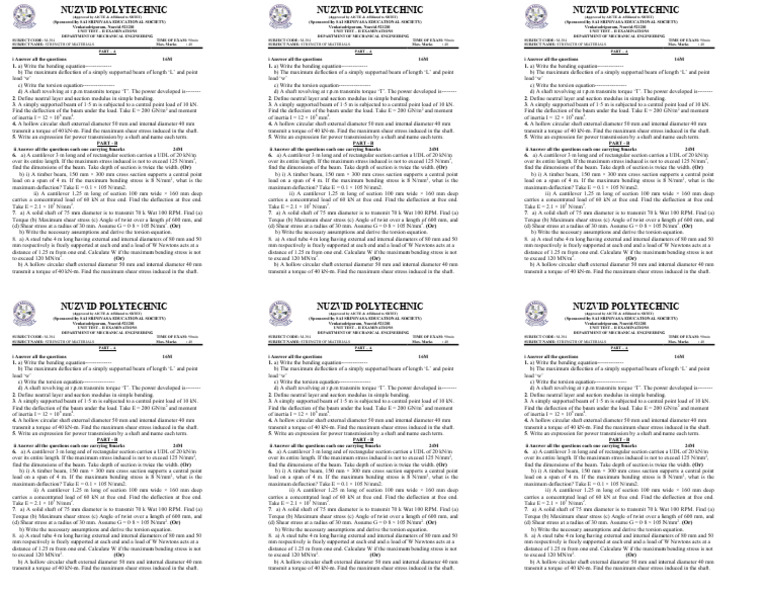 Nuzvid Polytechnic Mechanical Engineering Exam | PDF | Beam (Structure ...