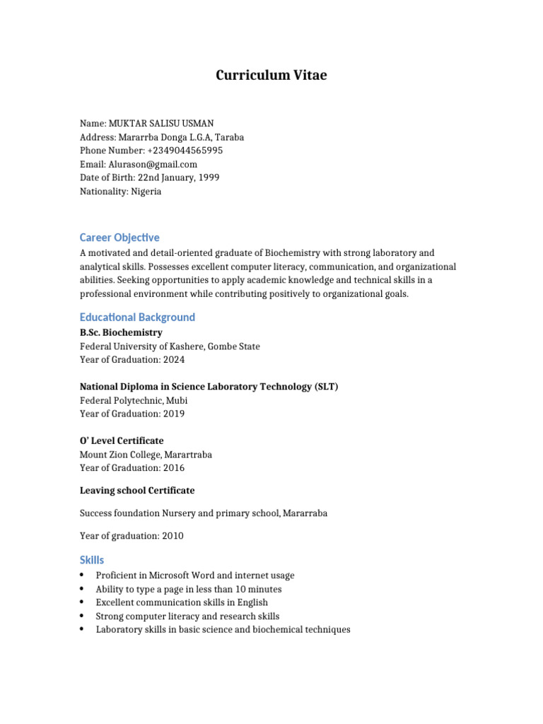 Muktar Salisu Usman's CV: Biochemistry Graduate | PDF