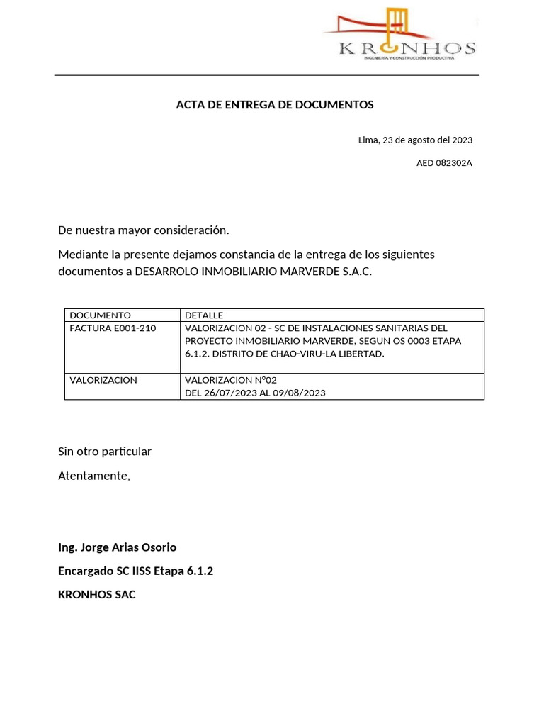 Entrega de Documentos a Marverde S.A.C. | PDF