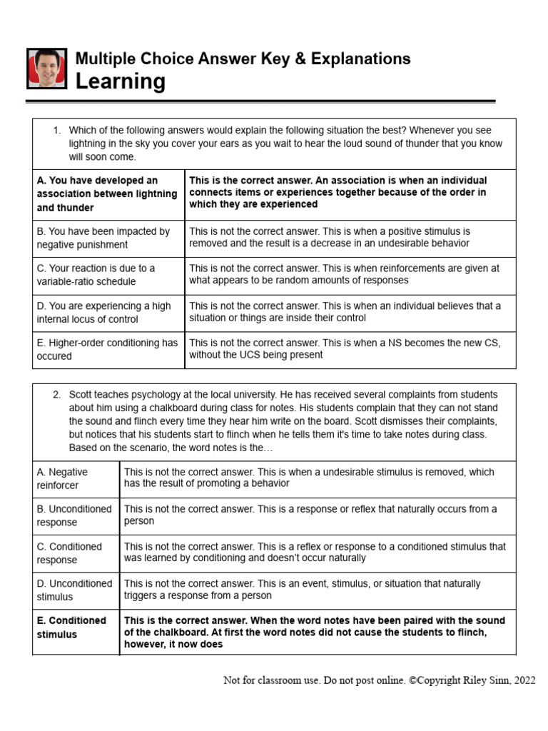 Answer Key for Learning Concepts | PDF | Classical Conditioning ...