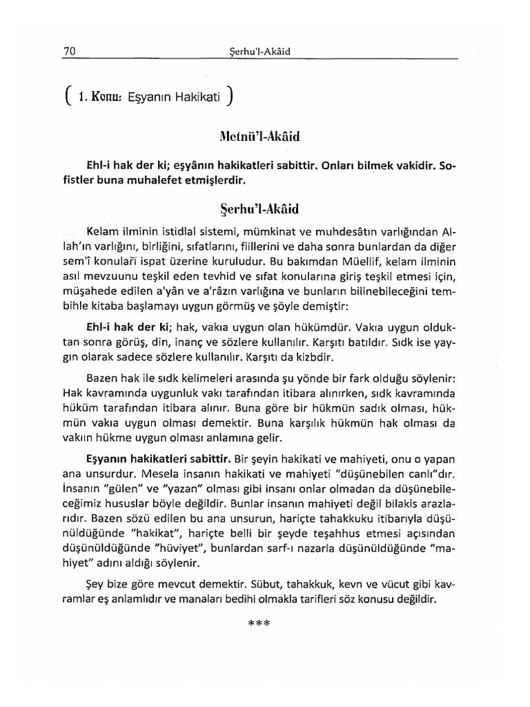 Şerhu'l Akâid - İmam Taftezânî Bilgi Teorisi | PDF