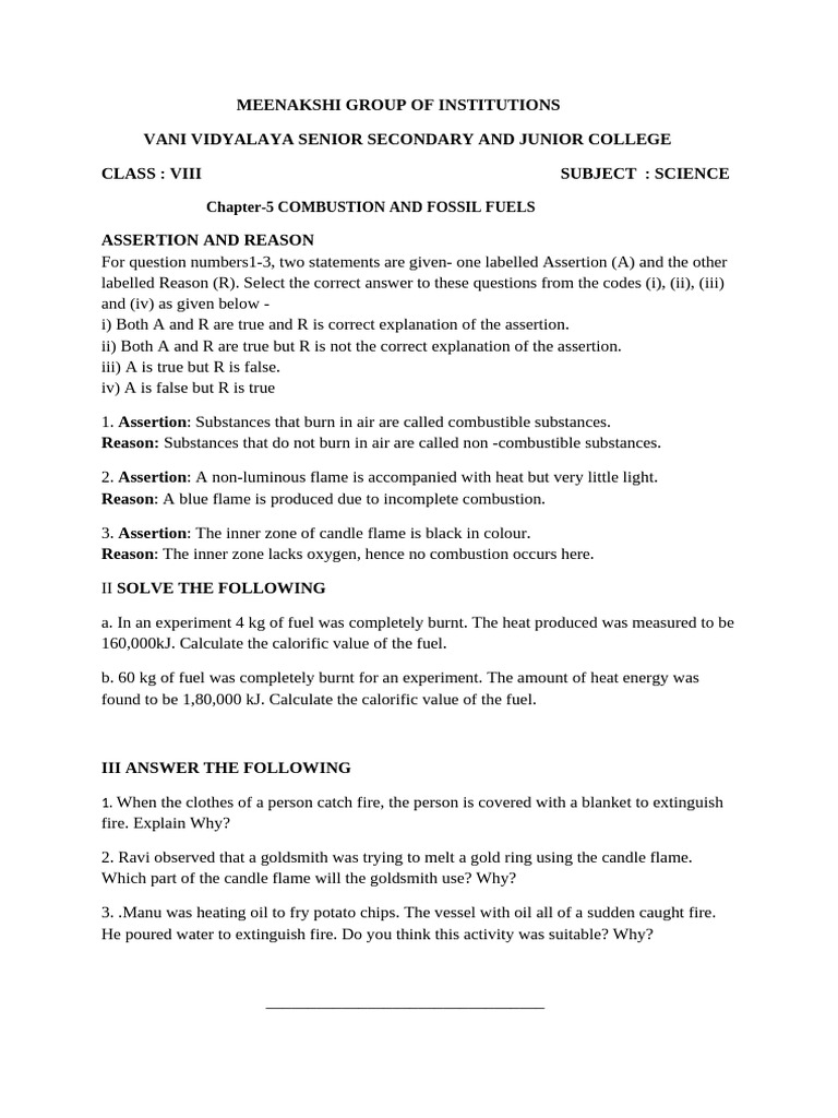 Combustion and Fossil Fuels: Class VIII Science | PDF