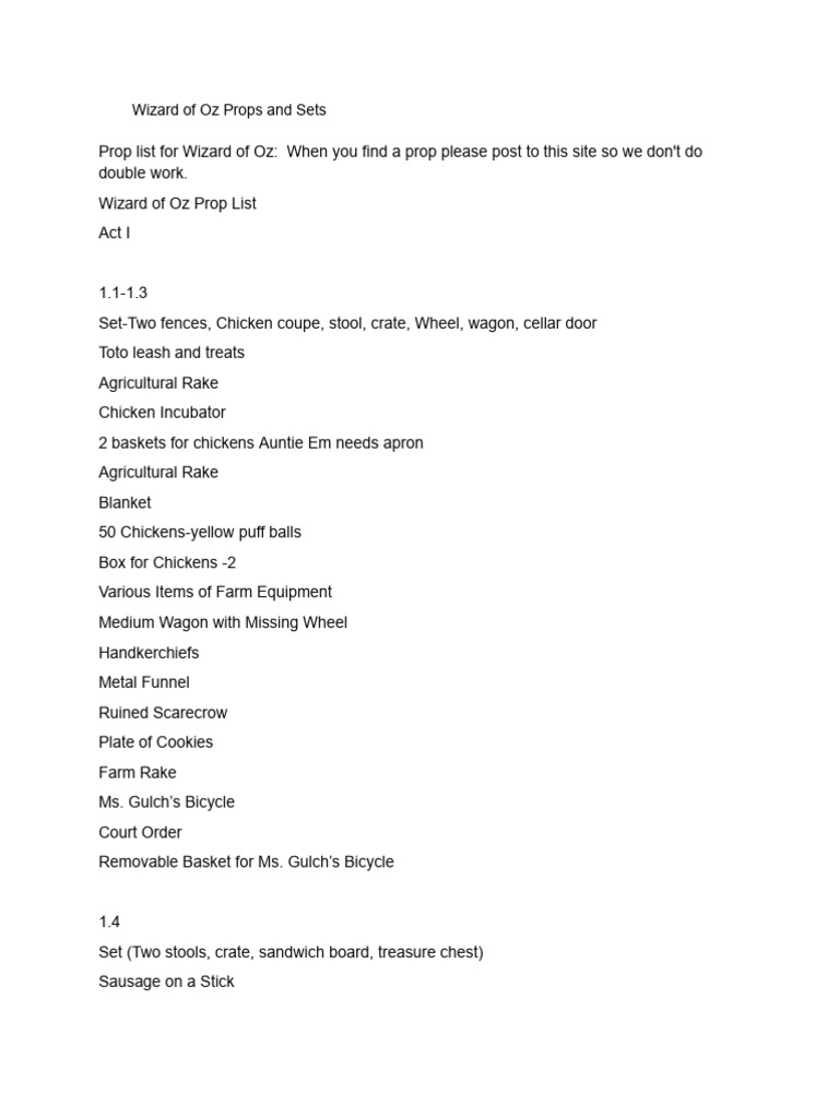 Wizard of Oz Props Inventory List | PDF