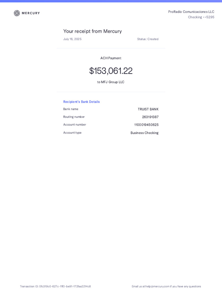 Mercury Receipt for ACH Payment | PDF