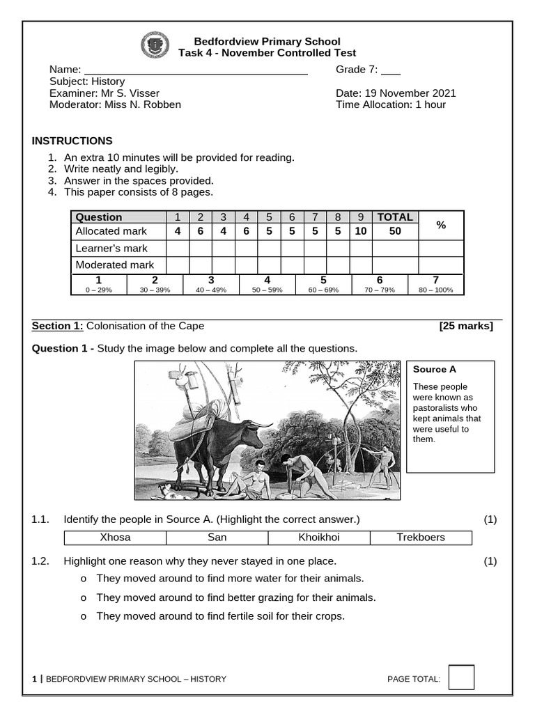 Grade 7 History Test: Bedfordview Primary | PDF