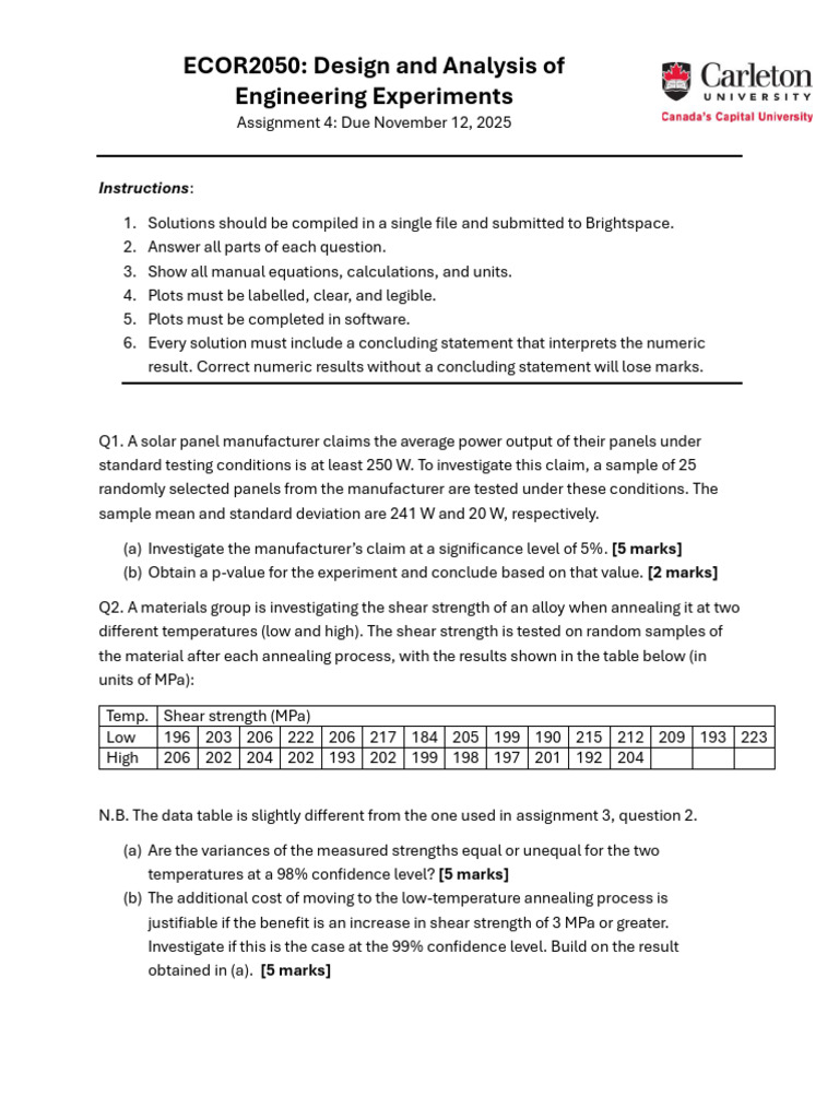 ECOR2050 Assignment04 Fall2025 | PDF | P Value | Normal Distribution