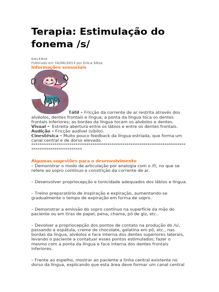 Terapia para Articulação do Fonema /s/ | PDF | Dente humano | Boca