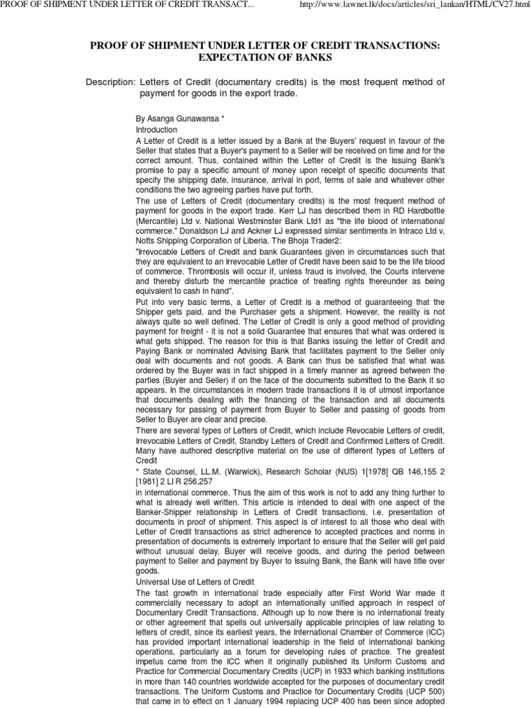 Proof of Shipment Under Letter of Credit Transactions - Expectation of ...