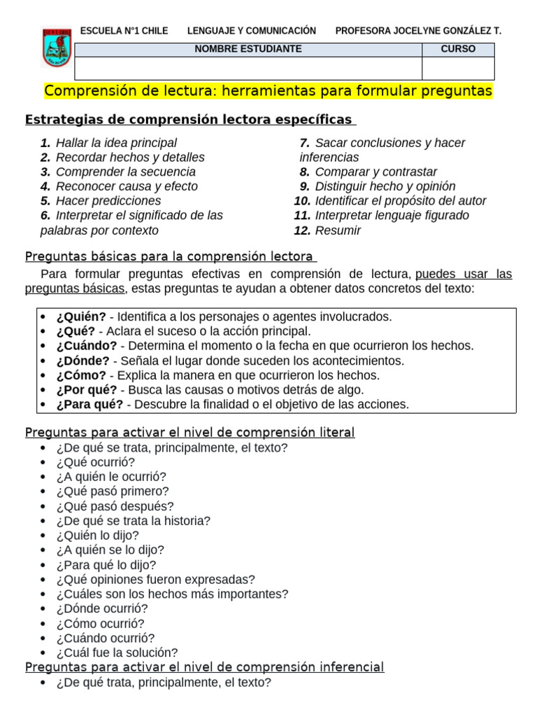 Comprensión de Lectura Herramientas para Formular Preguntas | PDF ...