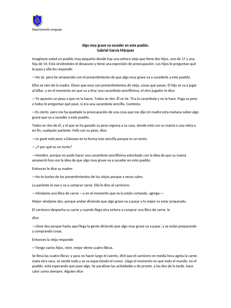 Guía Algo Muy Grave Va Pasar en Este Pueblo. 8° 2025. | PDF | Cuentos