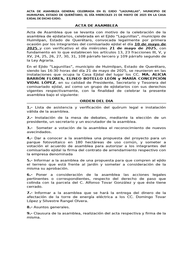 Acta Asamblea Ejidal Lagunillas 2025 | PDF | Gobierno | México