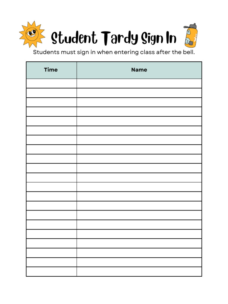 Blue and Yellow Student Tardy Sign in Sheet | PDF