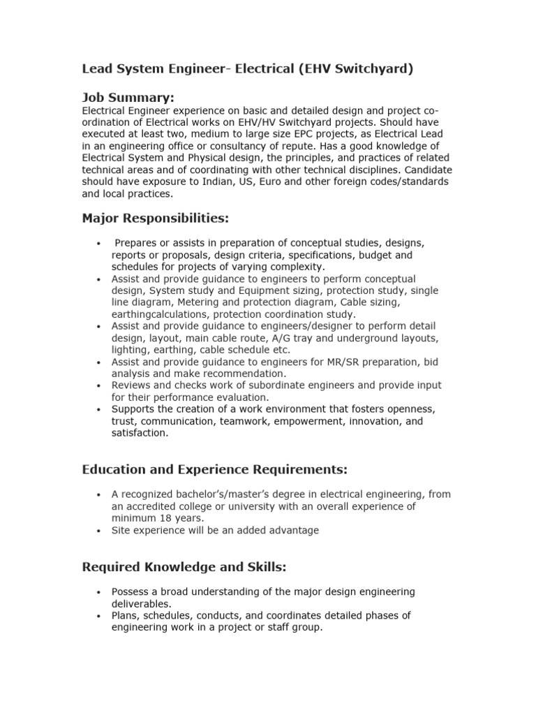 Lead System Engineer - Electrical JD (Bechtal) | PDF | Engineering ...