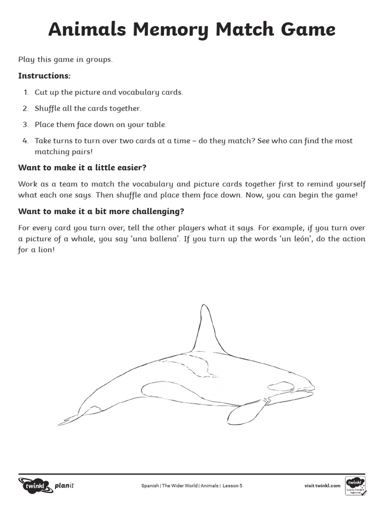Animals Memory Match Game - Instructions Black and White | PDF