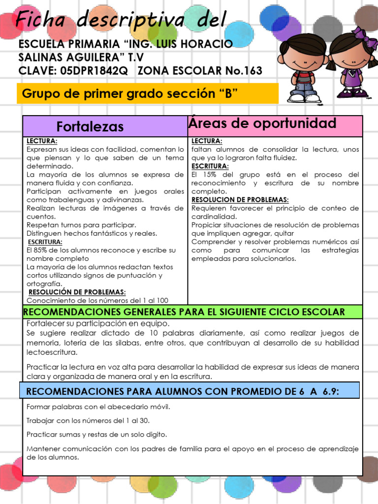 Evaluación y Recomendaciones para Primer Grado | PDF | Aprendizaje ...