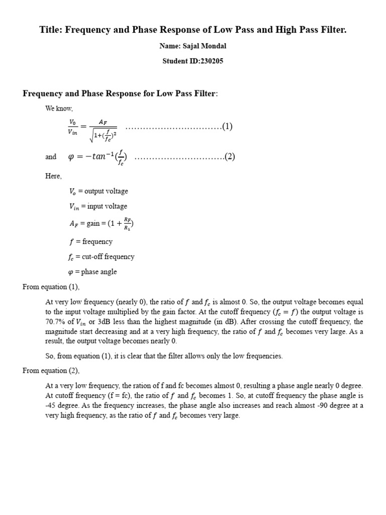 Title: Frequency and Phase Response of Low Pass and High Pass Filter ...