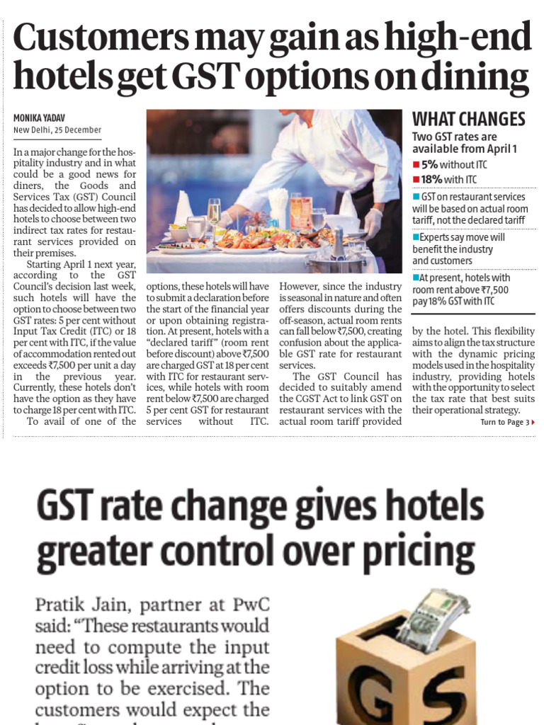Hotels To Have Two Options in GST Rates | PDF | Value Added Tax | Taxes