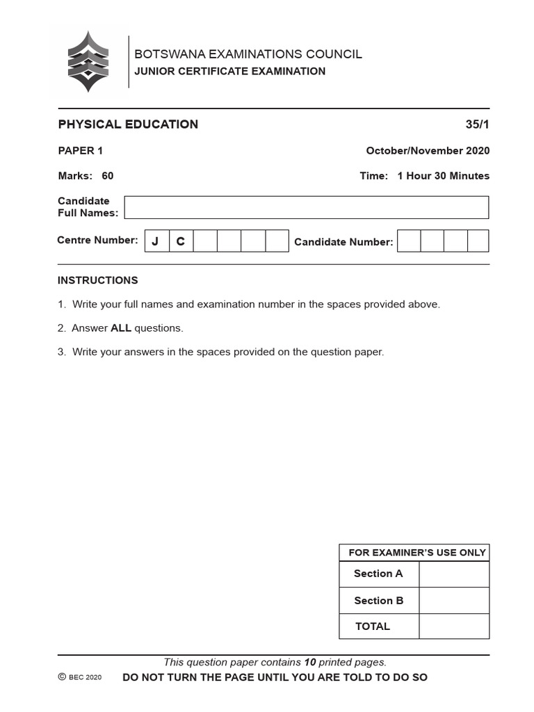 Botswana Junior Certificate PE Exam 2020 | PDF | Body Mass Index