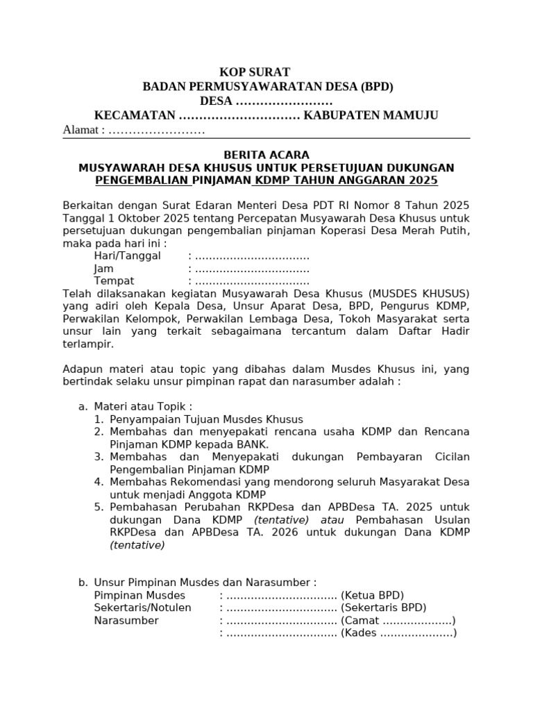 Contoh Berita Acara Musdes Khusus Kopdes MP 2025 | PDF
