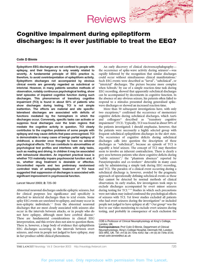 Cognitive Impairment During Epileptiform | PDF | Epilepsy ...