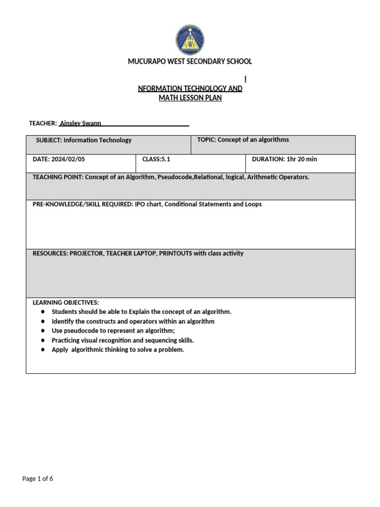 Lesson Plan Concept of an Algorithm | PDF | Algorithms | Computer Science