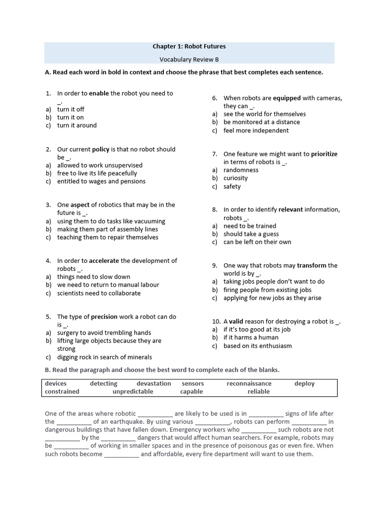 Chapter 1 Vocabulary Review B | PDF | Robot | Robotics