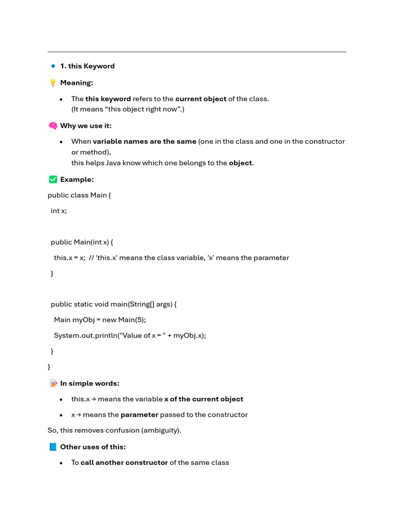 This, Static and Final Key Word | PDF | Constructor (Object Oriented Programming) | Programming