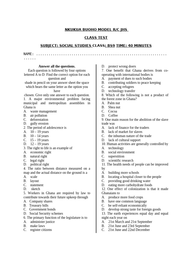 Social Studies Test for BS9 Students | PDF | Ghana