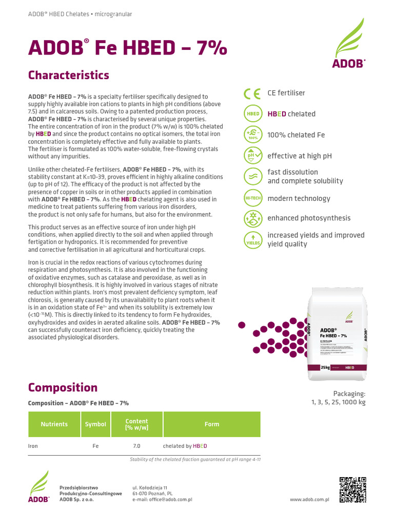 ADOB® Fe HBED – 7% Iron Chelate Fertilizer | PDF | Iron | Fertilizer